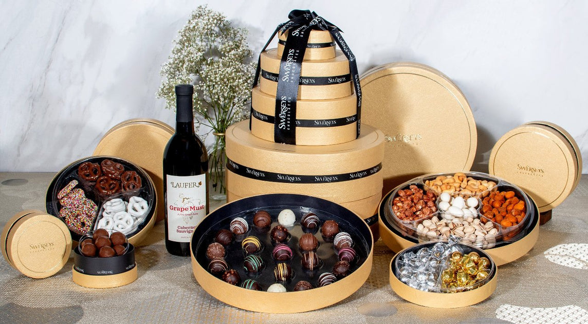 Swerseys Elegant 5 Tier Gourmet Nuts & Chocolates Round Gold Gift Box ...
