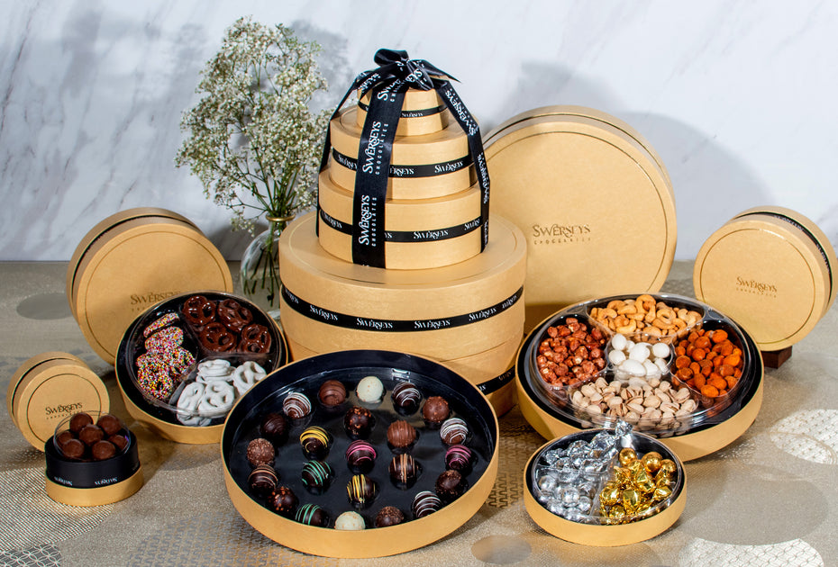 Extravagant Gold 5 Tier Gourmet Treats Round Gift Box | Swerseys Chocolate